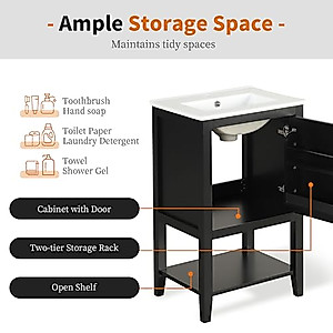20" Bathroom Vanity Cabinet with Ceramic Sink Top Set, Freestanding, Two-Tier Storage Rack, Soft Closing Door, Black