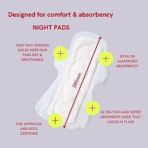 August Organic Menstrual Night Pads, 100% Certified Organic Cotton, Compostable Wrappers, Toxin Free, Fragrance Free, Hypoallergenic, 32 Pads