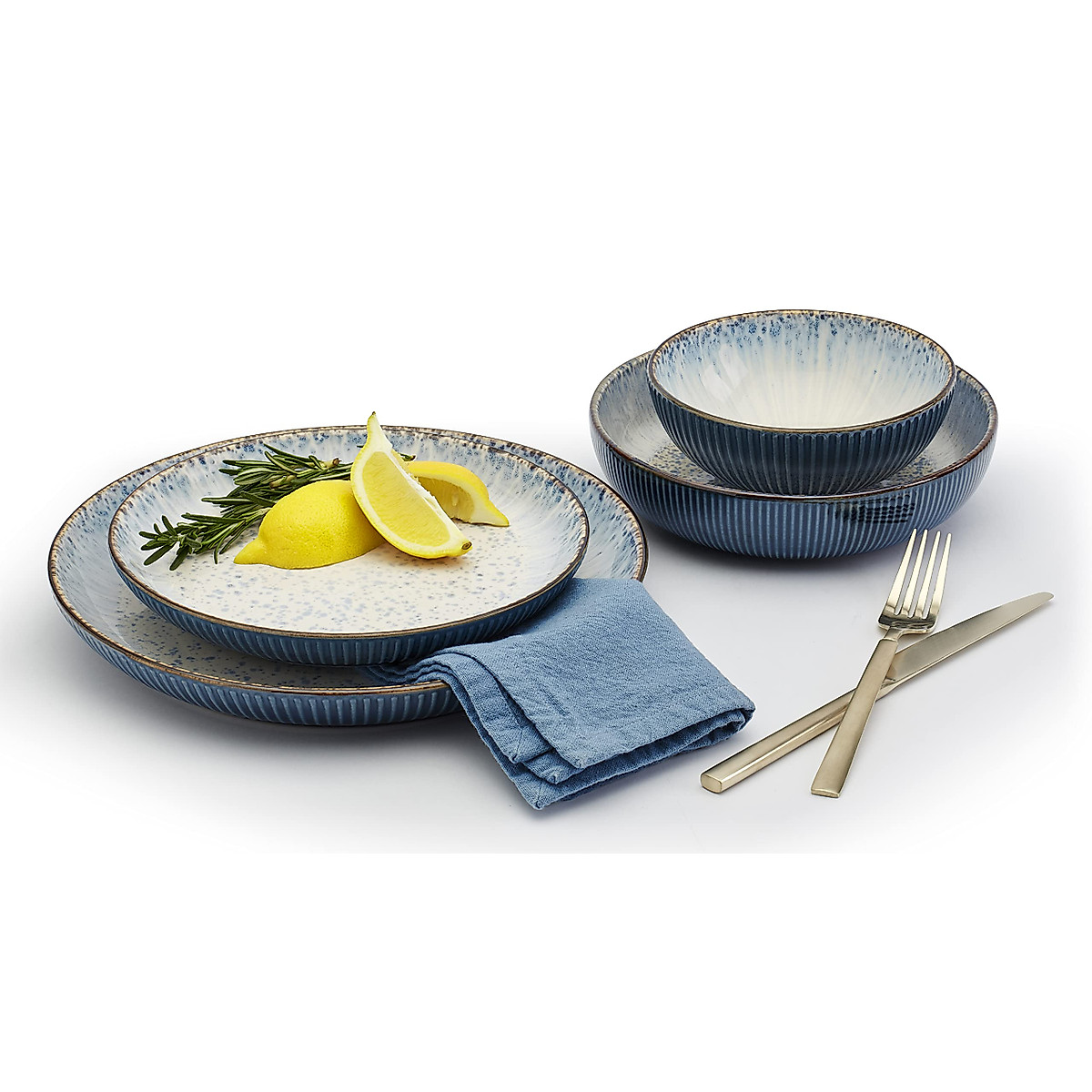 Tabletops Gallery Speckled Farmhouse Collection- Stoneware Dishes Service for 4 Dinner Salad Appetizer Dessert Plate Bowls, 16 Piece Jura Embossed Dinnerware Set in Smoky Blue