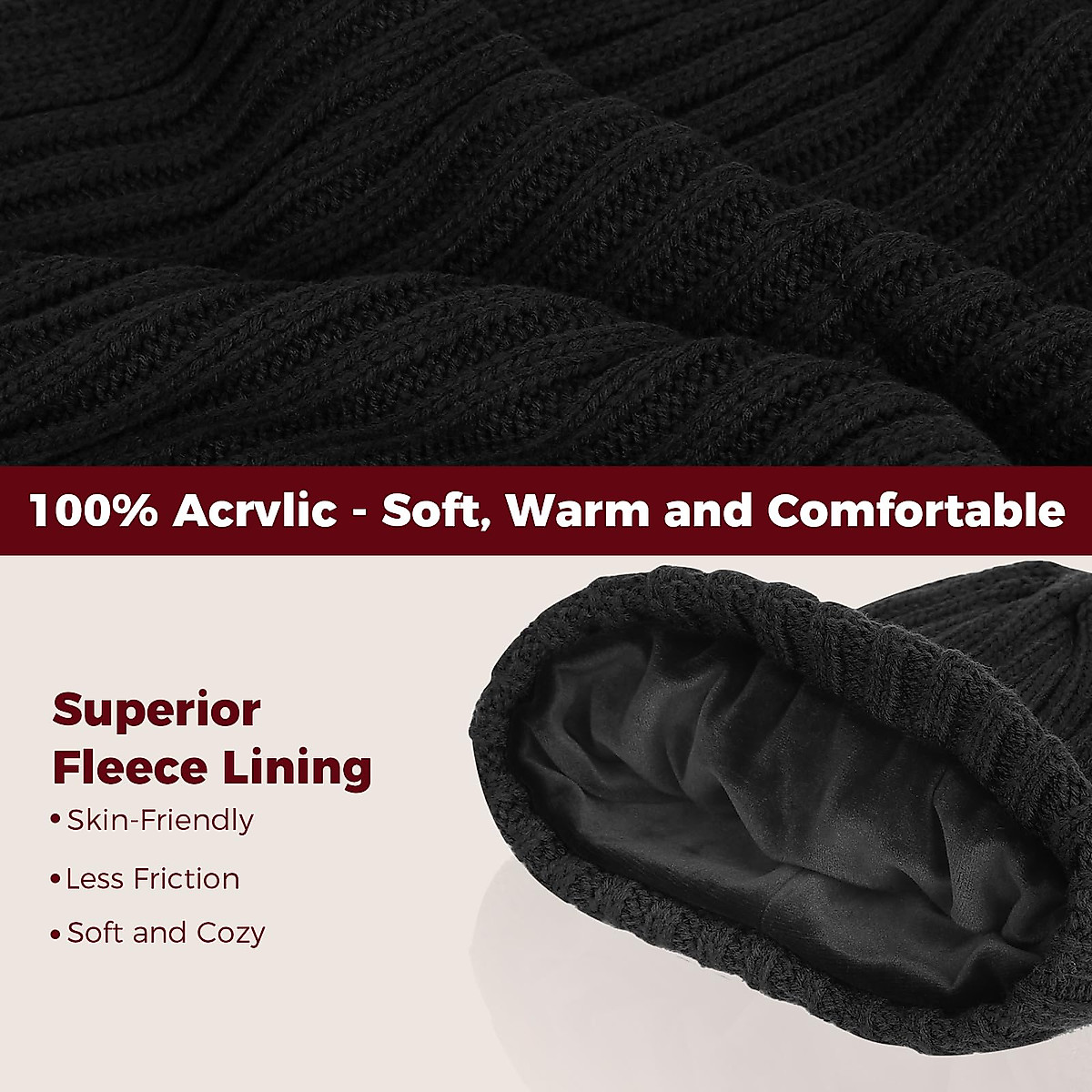 Winter Beanie Hat Scarf Gloves Set for Women, Womens Beanie Hat with Detachable Pom Pom Scarf Neck Warmer Touchscreen Gloves 3 in 1 Set（Black）