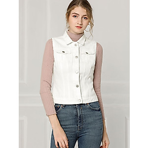 Allegra K Women's Buttoned Washed Denim Vest Jacket W Chest Flap Pockets Medium White