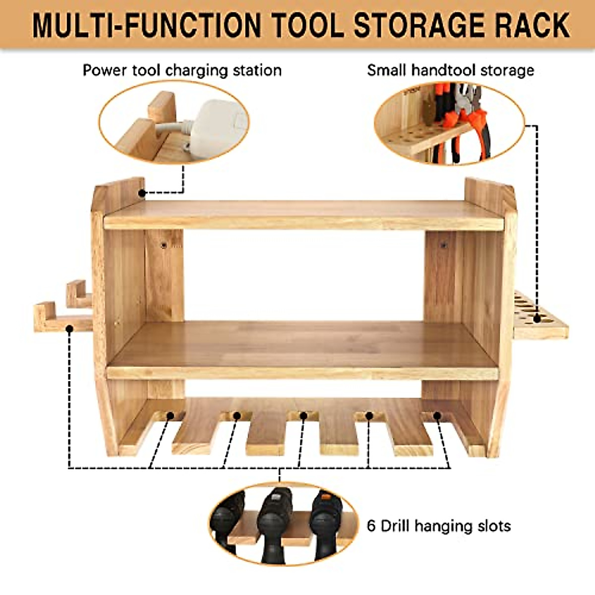 simesove Power Tool Organizer,Drill Holder Storage Wall Mounted with 6 Tool Organizer Slots, Wrench,Screwdriver and Circular Saw Storage,Solid Wooden Drill Charging Station