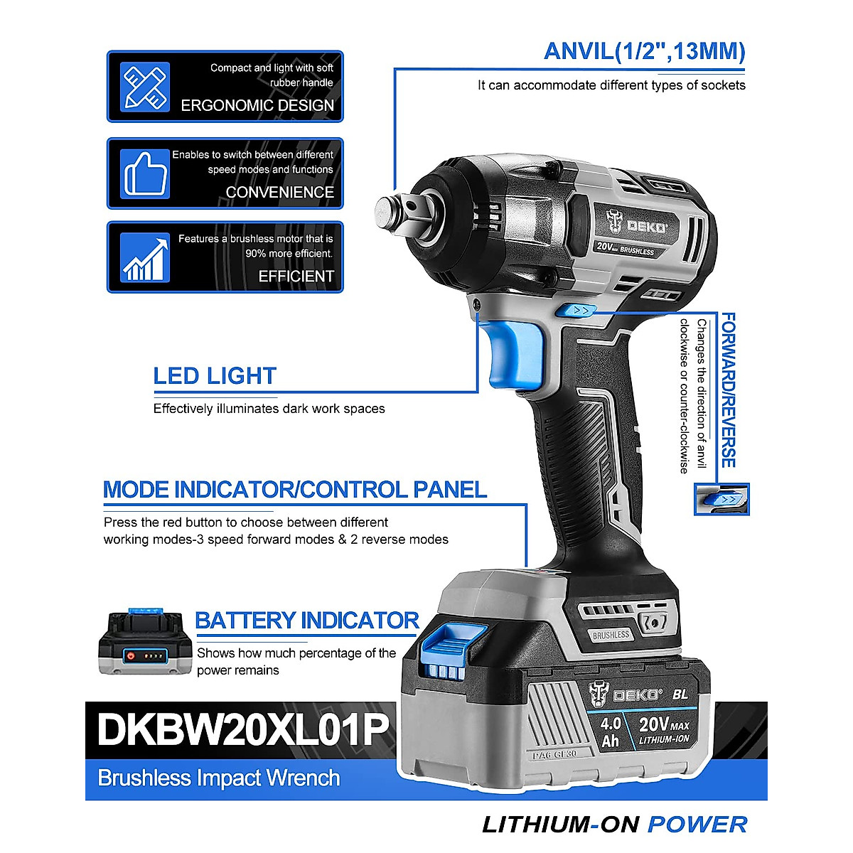 DEKOPRO Impact Wrench Cordless Impact Wrench 1/2 inch Impact Driver Brushless Motor Impact Gun High Torque 295 ft lbs (400N.m) with 4.0A Li-ion Battery and Fast Charger