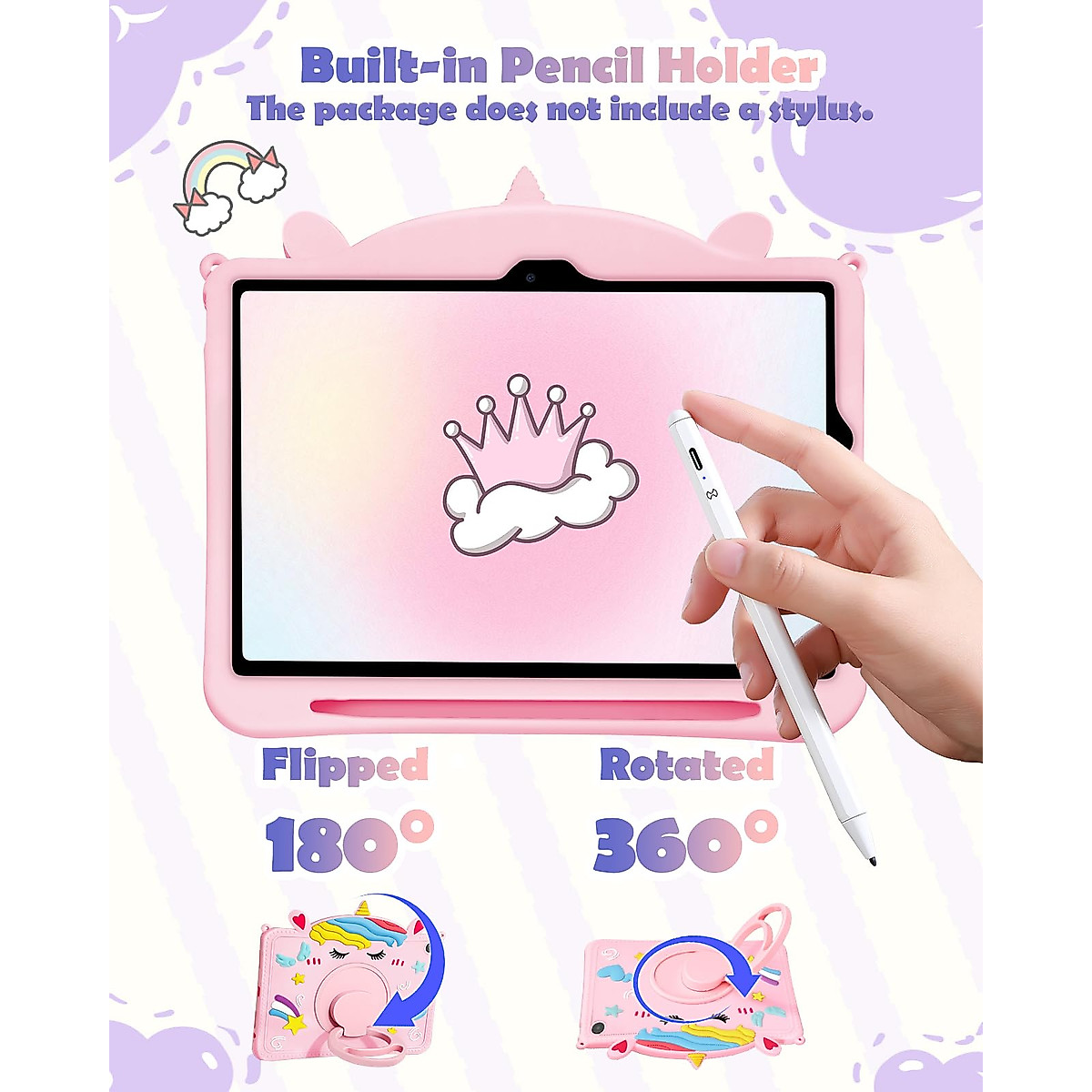 Gurgitat for Galaxy Tab A8 Cases - with Pen Holder Cute Cartoon Unicorn Silicone Cover with Rotating Stand & Strap Girly Teens Girls for Samsung Galaxy Tablet A8 10.5" Cases