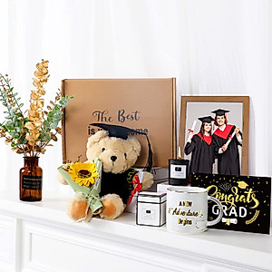 Graduation Gift Box for Firend 2024 Graduation Gifts Basket Includes for He Photo Frames Grey Marble Coffee Mug Cute Bear Greeting Card Scented Candle Flower Graduation Gift Set for Girlfriend Sister