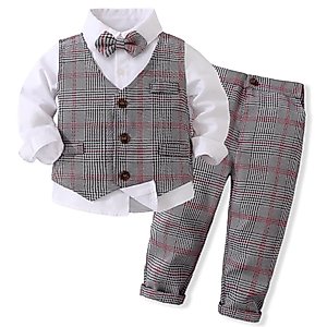 Infant White Long Sleeve Dress Shirts Plaid Vest Check Pant with Bowtie Gentleman Outfits for Baby Boys 12-18M
