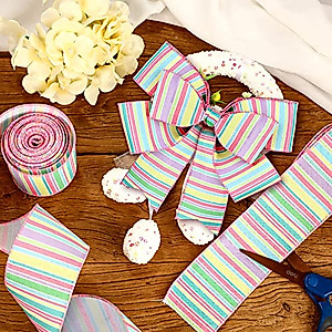 2 Rolls 20 Yards Easter Spring Wired Ribbon Pastel Stripe Canvas Ribbon Horizontal Stripe Wired Edge Ribbon Spring Decorative Ribbon Stripe Craft Ribbon for Wrapping Easter Party Crafting (2.5 Inch)