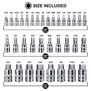 Master Hex Bit Socket Set Allen Wrench Bit Kit Hex Key for Ratchet Socket Tool SAE and Metric Set 3/8, 1/4, 1/2 Drive Socket Set 34-Piece