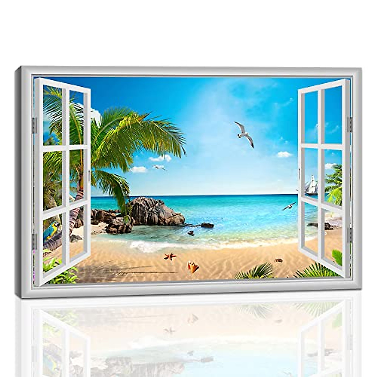 Large Beach Pictures Wall Art Canvas Print Artwork Blue Ocean Palm Tree Seascape Decor Living Room Bedroom Office with Framed 24 x36