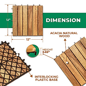 Deck Tile (Pack of 10, 12"x12") Hardwood Deck Tile, Interlocking Patio Tile in Solid Acacia Wooden Oiled Finish Waterproof All Weather Perfect for Indoor Outdoor 6 Slat (Acacia Wood- 10 Pcs, 6 Slat)
