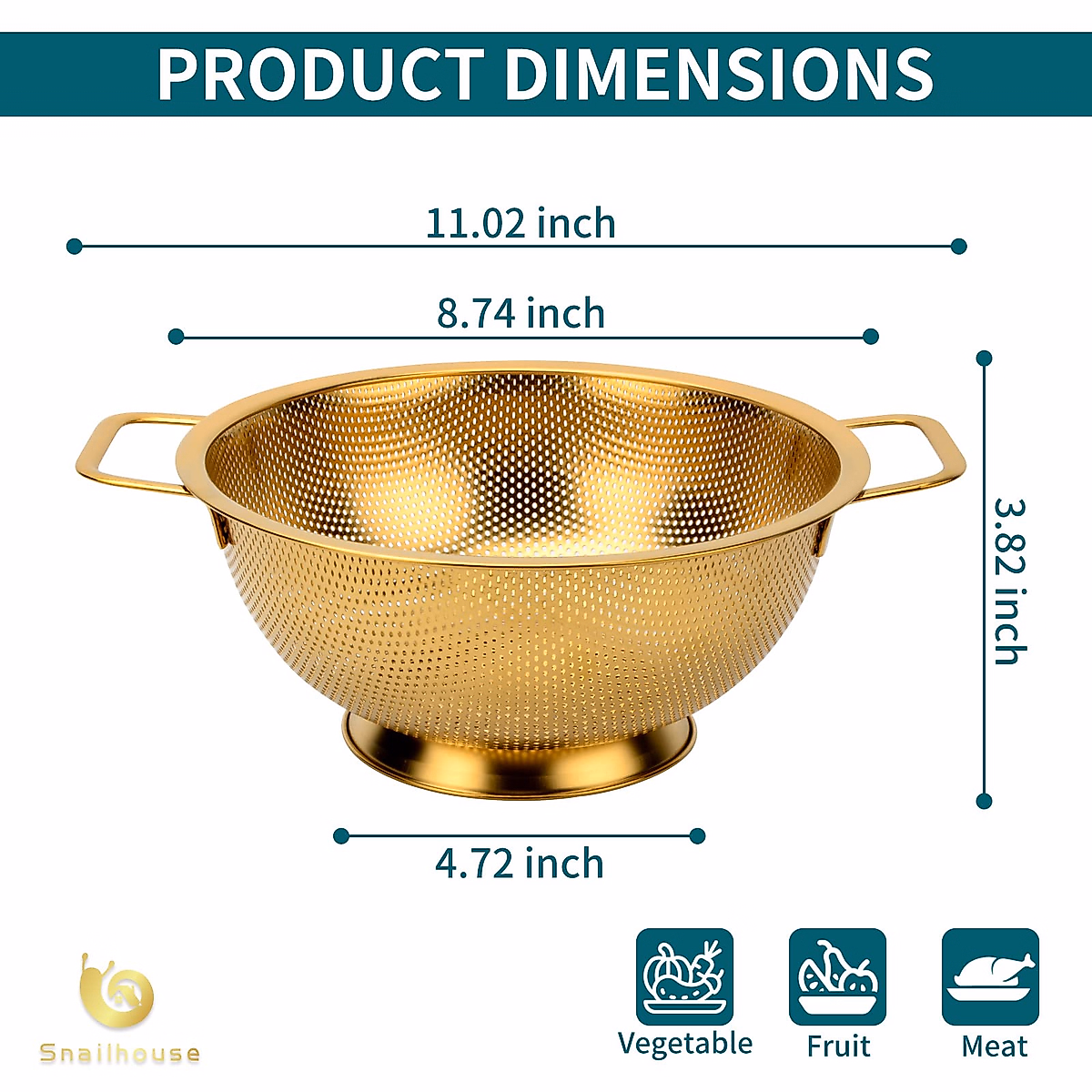 Snailhouse Colander, 3 Quart Stainless Steel Pasta Rice Food Metal Strainer with Handles and Self-draining Base for Kitchen, Gold