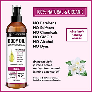 pureSCRUBS Ultra Moisturizing Jasmine Body Oil Spray for Dry Skin, Massage, Cuticles & More - Organic Super Blend of Jojoba, Argan, Coconut, Sweet Almond & Avocado Enriched with Vitamin E, Lg 4oz