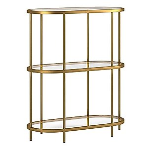Pemberly Row Mid-Century Metal Bookcase with Glass Shelves in Brass