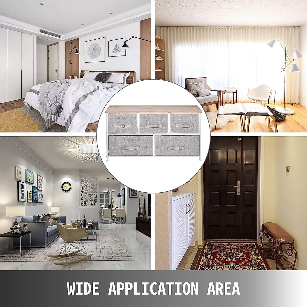 Happybuy 5-Drawer Storage Organizer Unit with Fabric Bins Bedroom Play Room Entryway Hallway Closets Steel Frame MDF Top Dresser Storage Tower Fabric Cube Dresser Chest Cabinet (Beige/Wide)