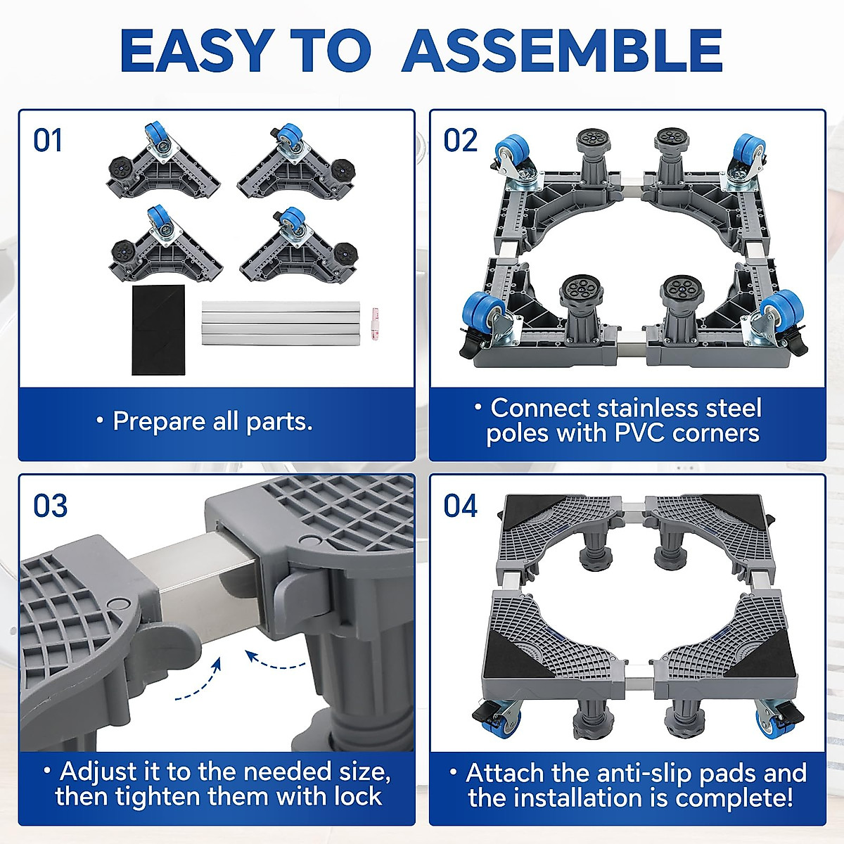 MYFULLY Adjustable Movable Furniture Dolly Roller Base with 4×2 Locking Rubber Swivel Wheels and 4 Strong Feet, Multi-Functional Mobile Stand for Dryer, Washing Machine and Refrigerator (Grey)