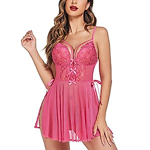 Avidlove Lace Lingrie Women V Neck Babydoll Strap Chemise Sexy Sleepwear Nighgown Side Spilt Nightwear Boudior Nighty Rose Red