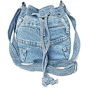 Bijoux De Ja Upcycling Blue Denim Jeans Small Drawstring Crossbody Bag Bucket Pouch Sac Shoulder Handbag Purse