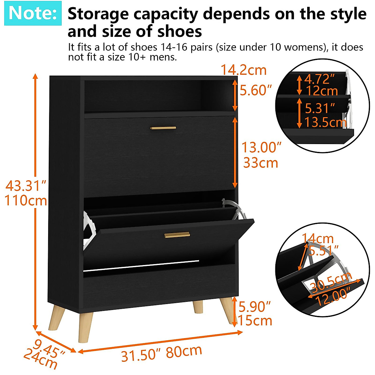 Shoe Storage Cabinet for Entryway, Free Standing Shoe Organizer with 2 Flip Drawers, Slim Narrow Hidden Shoe Rack Cabinet with Open Shelf, Shoe Cabinet for Hallway, Living Room (Black)