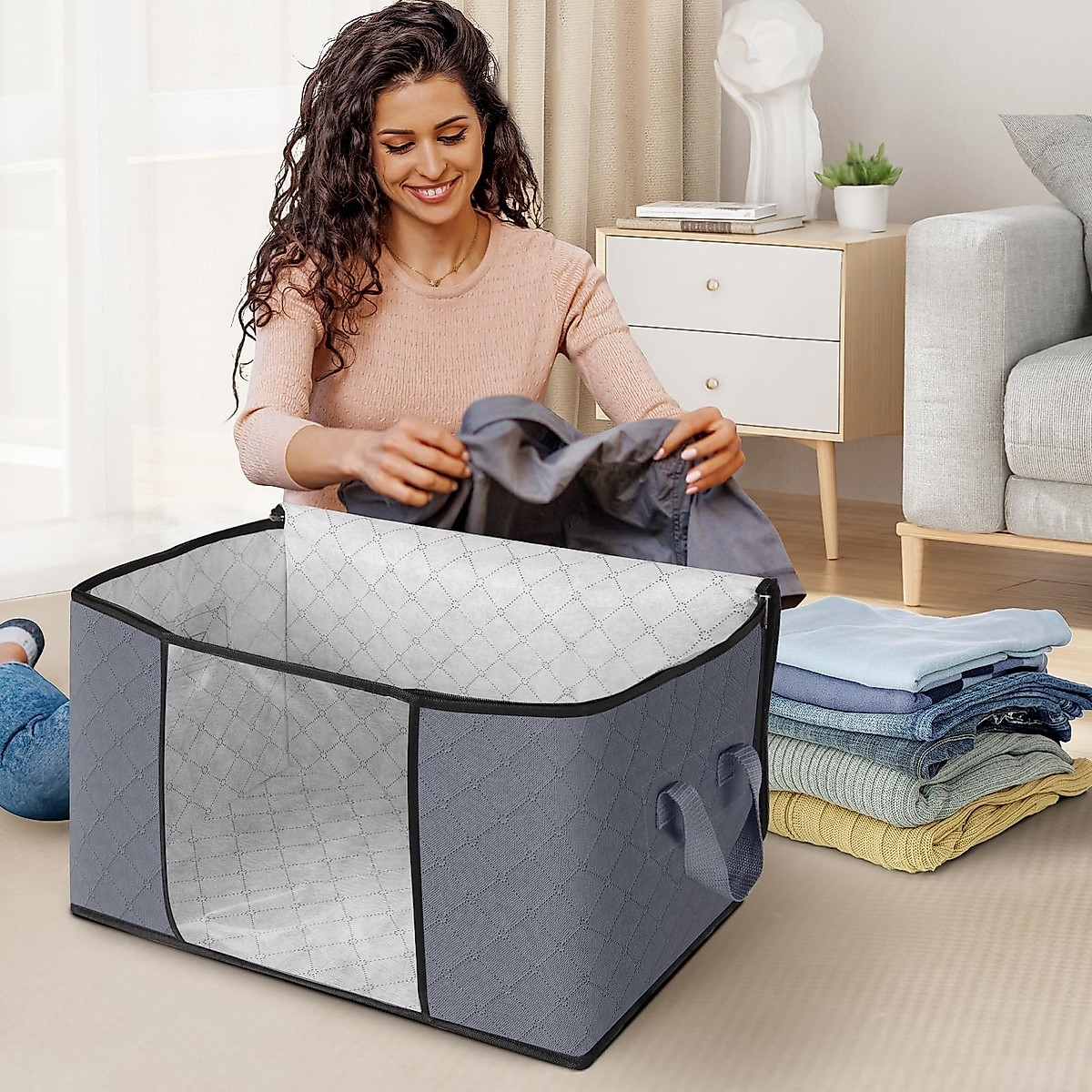 Fab totes 6 Pack Clothes Storage, Foldable Blanket Storage Bags, Storage Containers for Organizing Bedroom, Closet, Clothing, Comforter, Organization and Storage with Lids and Handle, Grey