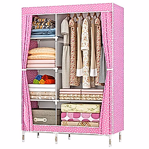 ZZBIQS Clothing Closet Wardrobe, Portable Non-Woven Fabric Garment Clothes Wardrobe Storage Organizer Shelf Rack, DIY Armoire Storage with Hanging Rod(Pink, Dots)