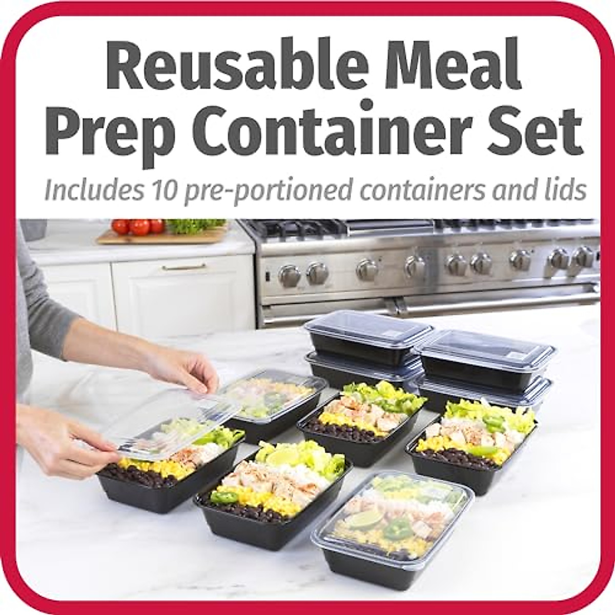 GoodCook Meal Prep Containers, Single Compartment 10-Pack, BPA-Free Reusable Food Storage, Black, Microwave & Freezer Safe, Stackable Meal Prep Containers for Lunches and Snacks