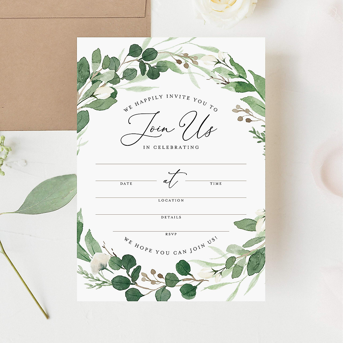 Bliss Collections Invitations with Envelopes for All Occasions, Invites Perfect for: Weddings, Bridal Showers, Engagement, Birthday Party or Special Event, Pack of 25 5x7 Cards - Eucalyptus