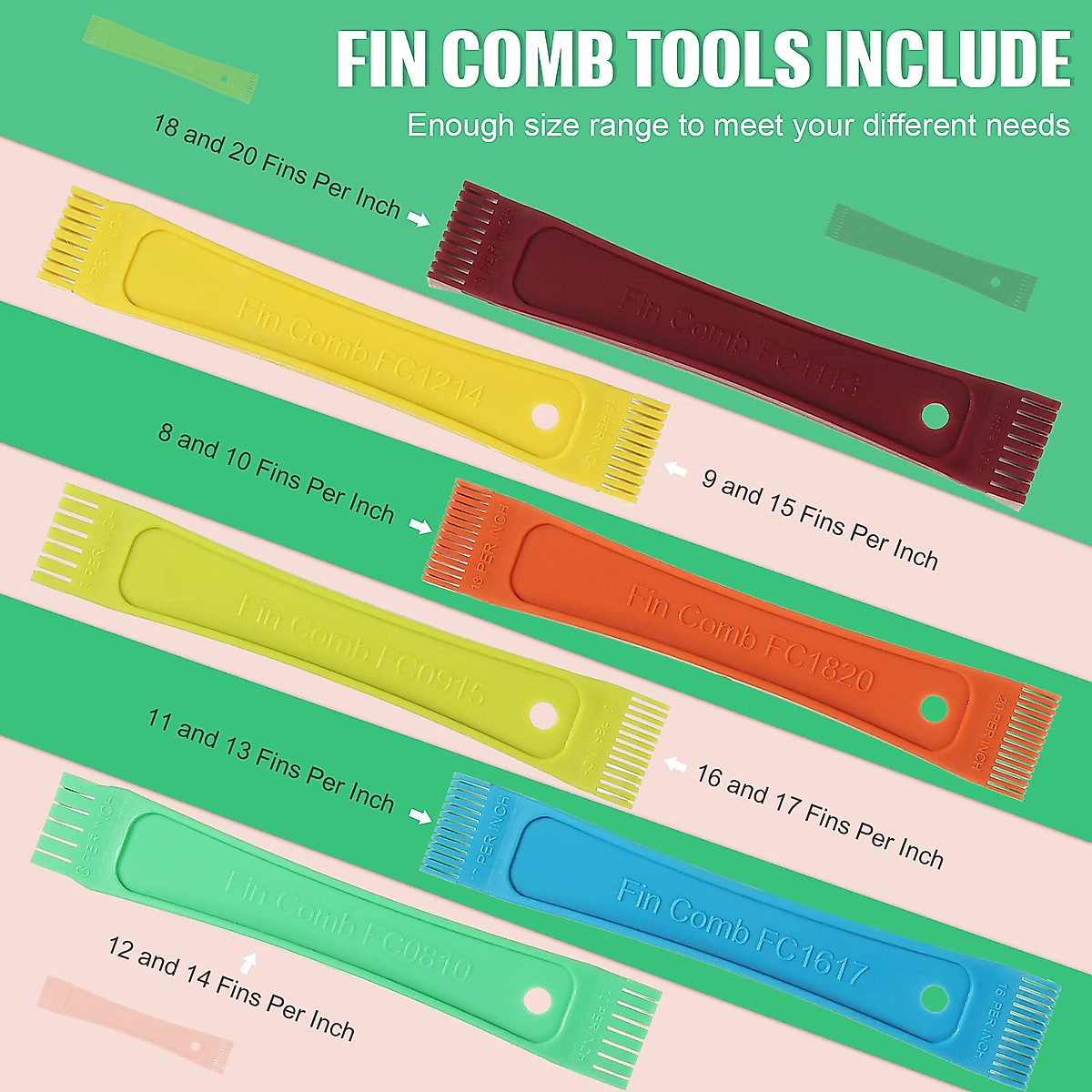 Fcr6 Fin Comb Plastic Colored Fin Coil Comb Straightener Condenser Coil Fin Comb and Air Conditioner Condenser Brush for Evaporator Condenser Coil, 6 Fin Comb on a Ring Handle 12 Different Fin Spacing