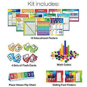 Excello Global Educational Math Kit - 315 Piece Set Includes Educational posters, flash cards, math cubes, flip chart, and sliding fact finders