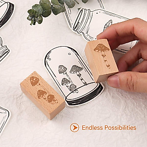 RISYPISY Mushroom Wooden Rubber Stamps, 10pcs Specimen Bottle Rubber Stamps & 12 Sheets Jar Shape Cards for Card Making, DIY Craft, Scrapbooking, Diary Decor
