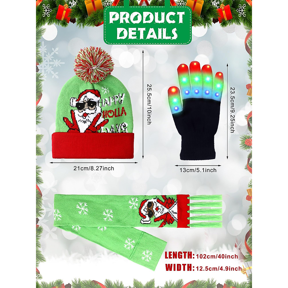 Eurzom 3 Pieces LED Light up Christmas Hat Xmas Light up Scarf Gloves Set Holiday Christmas Hat Beanie Knit Cap for Christmas Party (Sunglasses)