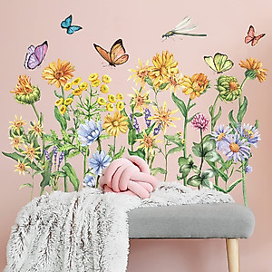 Buiory Removable Flowers Wall Decals Floral Butterfly Wall Stickers Garden Plants Wall Decor for Nursery Classroom Bedroom Bathroom Sofa TV Background