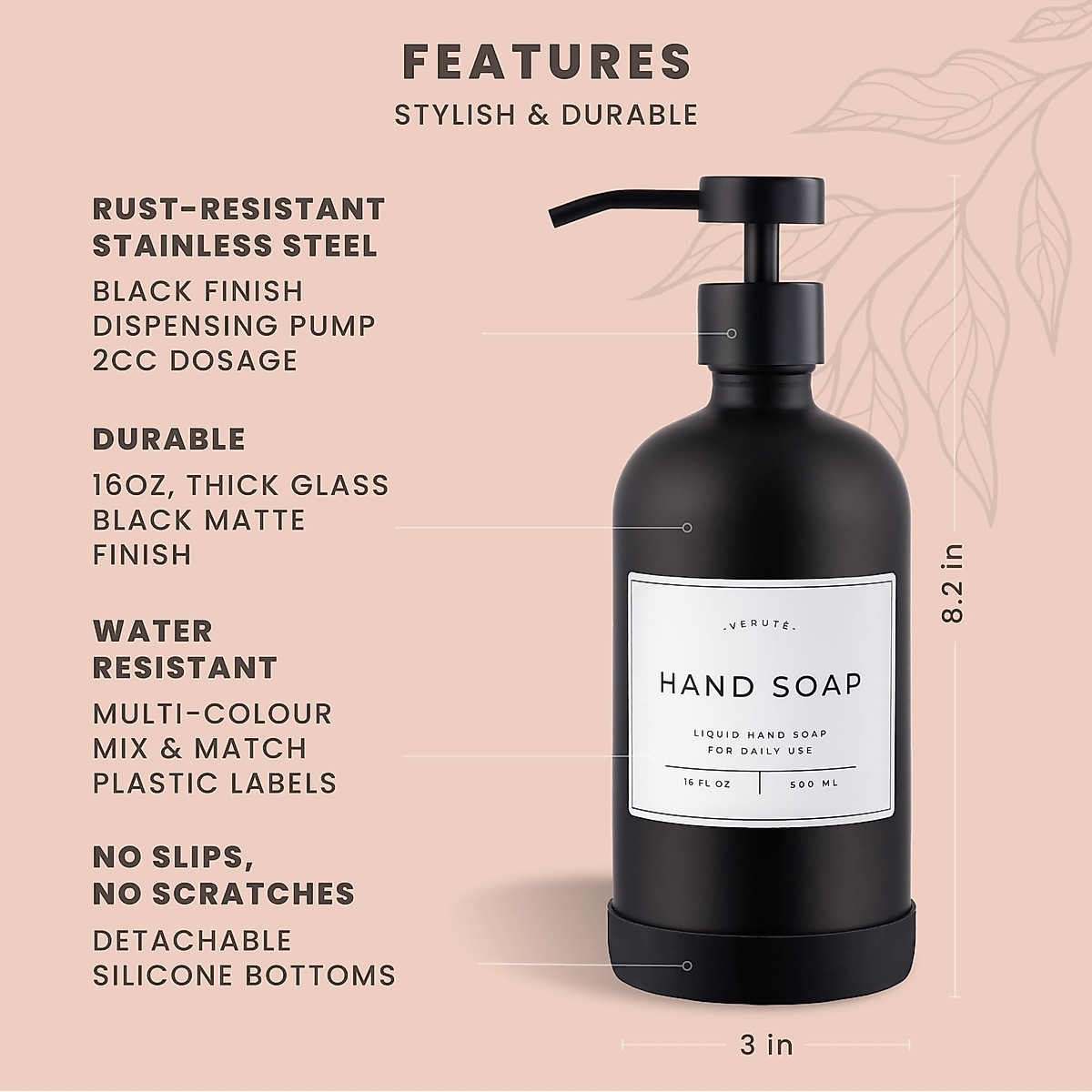 Verute 16oz Glass Soap Dispenser with Stainless Steel Pump, 21 Waterproof Labels, Non-Slip Protective Silicone Pad, Set of 2 for Bathroom & Kitchen (Matte Black Bottle/Black Pump)