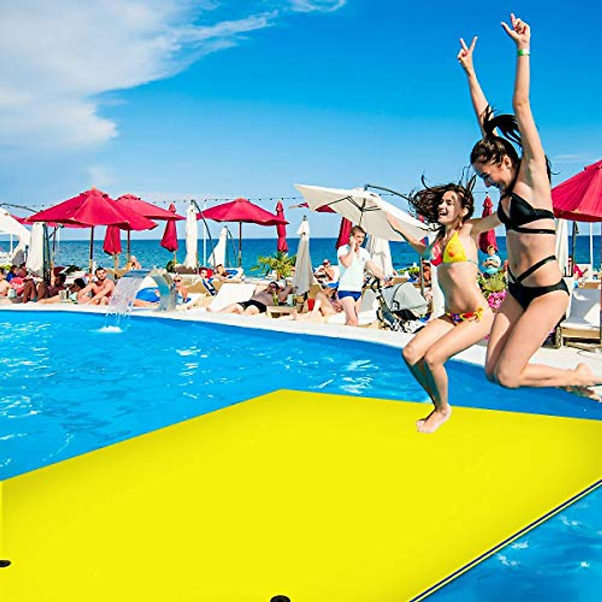 GYMAX Floating Water Pad, 9'/18' x 6' Water Foam Mat with Rolling Pillow, 3-Layer Floating Island for Pool River Lake Beach Ocean Water Activities (Yellow, 9 Feet)