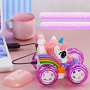 Unicorn Remote Control Car for Girls, 360° Rotating 4WD Stunt RC Cars with Cute Lights, Rechargeable Car Toys Birthday Gifts for Kids Girl Age 3 4-6 6-8