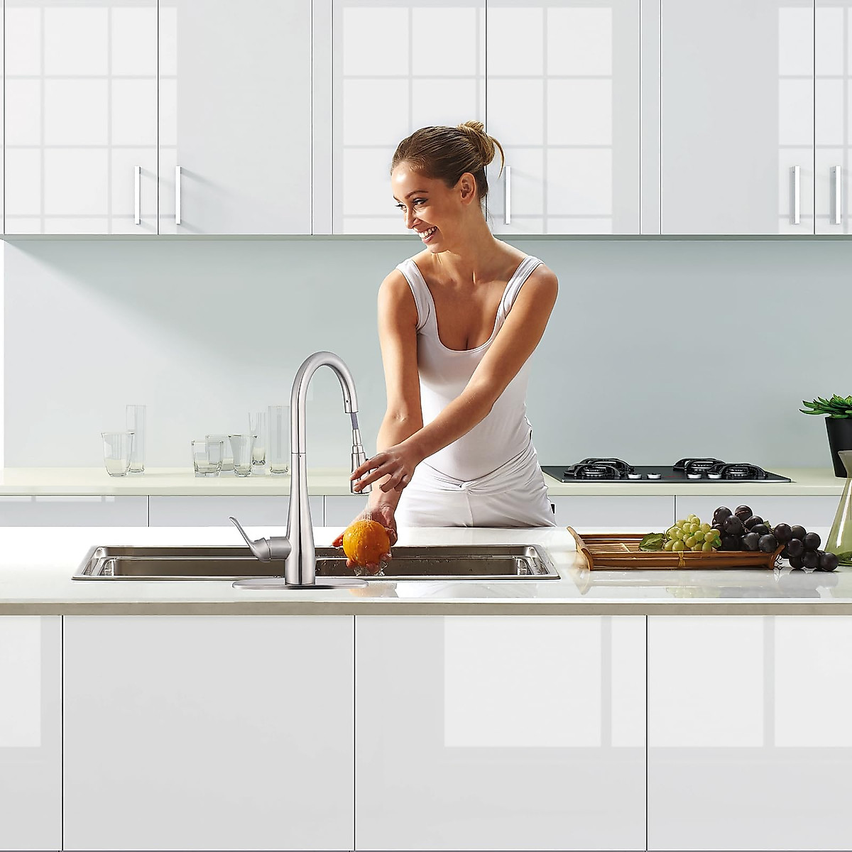 HGHGK Touch on Kitchen Faucet with Soap Dispenser and Pull Down Sprayer - Single Handle Kitchen Sink Faucet, 1 or 3 Hole Design for Modern Farmhouse Kitchens, Rv, and Bar Sinks(Brushed Nickel)