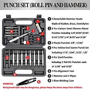 BESTNULE Punch Set, Pin Punches, Punch Tool, Roll Pin Punch Set, Made of High Quality Metal Material Including Punches and Hammer, Mechanical Repair Tool, with Organizer Storage Box (with Bench Block)