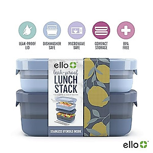 Ello 2-Pack Lunch Stack Plastic Food Storage Container Bento Box with Airtight, Leak-Proof Locking Plastic Lids and Silicone Base, BPA-Free, Freezer, Microwave, and Dishwasher Safe, Blueberry