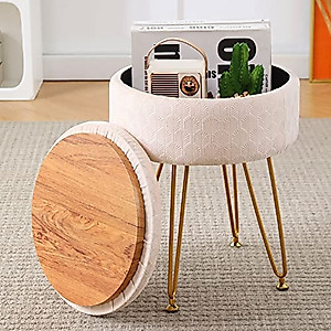 Cpintltr Footrest Footstools Round Velvet Ottoman with Storage Space Soft Vanity Chair with Memory Foam Seat Small Side Table Hallway Step Stool 4 Gold Metal Legs with Adjustable Footings Champagne