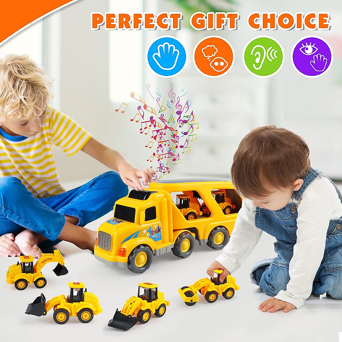 aotipol Construction Toy Trucks for 3-6 Year Old Boys & Girls, 5 in 1 Toy Cars with Light and Sound, Friction Power Play Vehicles, Gift Toys for Kids and Toddlers Ages 3-6