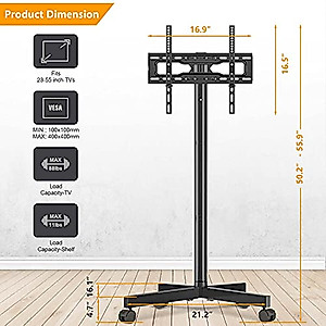 5Rcom Rolling TV Stand, Adjustable TV Cart w/Locking Wheels for 23-55" LCD LED Plasma Flat Panel Screen TV, Max VESA 400x400mm, Mobile TV Stand