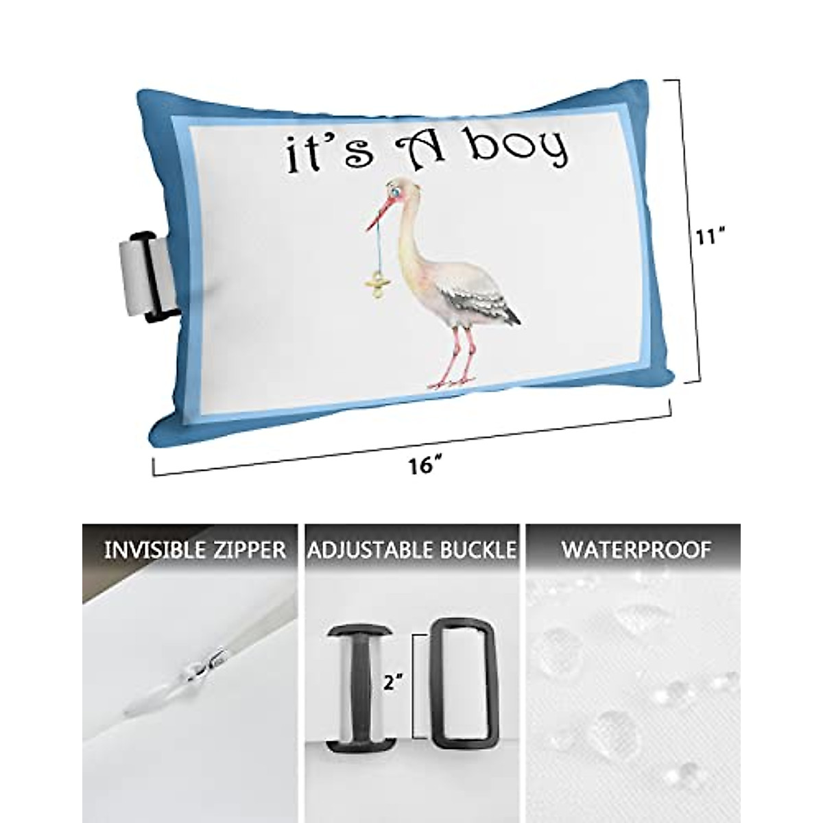 Recliner Head Pillow Ledge Loungers Chair Pillows with Insert White Stork Blue Frame Lumbar Pillow with Adjustable Strap Outdoor Waterproof Patio Pillows for Couch Beach Pool Office Chair, 2 PCS