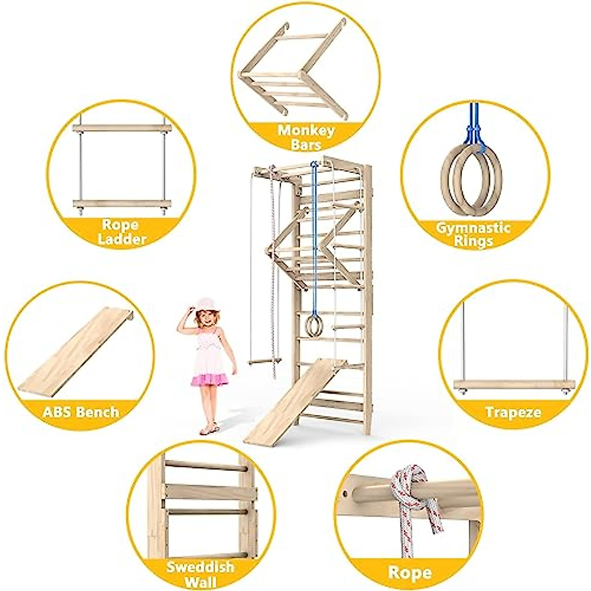 Jungle Gym, Wooden Swedish Wall Ladder Stall Bars Set, Indoor Playground Climbing Toys for Toddlers, Toddler Climbing Toys Indoor, Stall Bars for Exercise for All Family All Ages Training Stretching