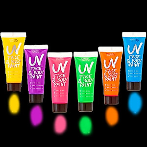 UV Body Paint 10ml - 6 Pack - Glow Paint, Glow in the Dark Body Paint for Adults, Uv Paint, Neon Glow in the Dark Face Paint, Black Light Paint, Neon Face Paint, Neon Body Paint by Splashes & Spills