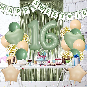 Sweet 16 Party Decorations, Sage Green 16th Birthday Decorations for Girls Sweet 16 Birthday Banner Green Balloons Kit for Her Birthday Party Supplies