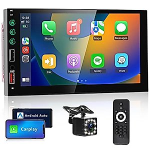 Double Din Car Stereo Car Radio Apple Carplay, Rimoody 7 Inch Touch Screen Car Radio with Bluetooth FM Radio Mirror Link TF/USB/AUX Input SWC Car Multimedia Player + Backup Camera