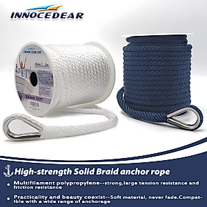 INNOCEDEAR Anchor Rope Braided Anchor Line(Navy, 3/8" x 100') Premium Solid Braid MFP Boat Rope with Stainless Steel Thimble, Quality Marine Rope, Boat Accessories