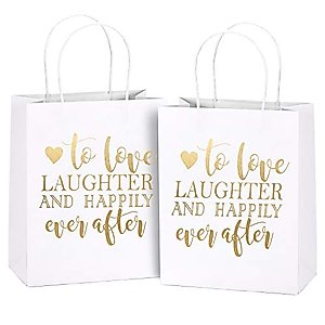 LaRibbons Medium Size Gift Bags - Gold Foil to Love Laughter and Happily Ever After White Paper Bags with Handles for Wedding, Birthday, Baby Shower, Party Favors - 12 Pack - 8" x 4" x 10"