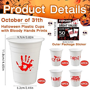 50Pcs Halloween Solo Cups for Party Decorations, 16 Oz Halloween Plastic Disposable Cups with Scary Bloody Hands Print for Kids Adults Halloween Party Supplies Favors