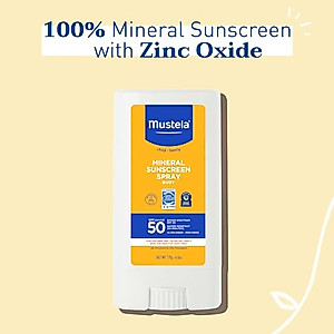 Mustela Baby Mineral Sunscreen Stick SPF 50 Broad Spectrum - Face & Body Sun Stick with 70% Organic Ingredients - Ultra Sheer, Water Resistant & Fragrance-Free - 0.6 oz (Pack of 1)