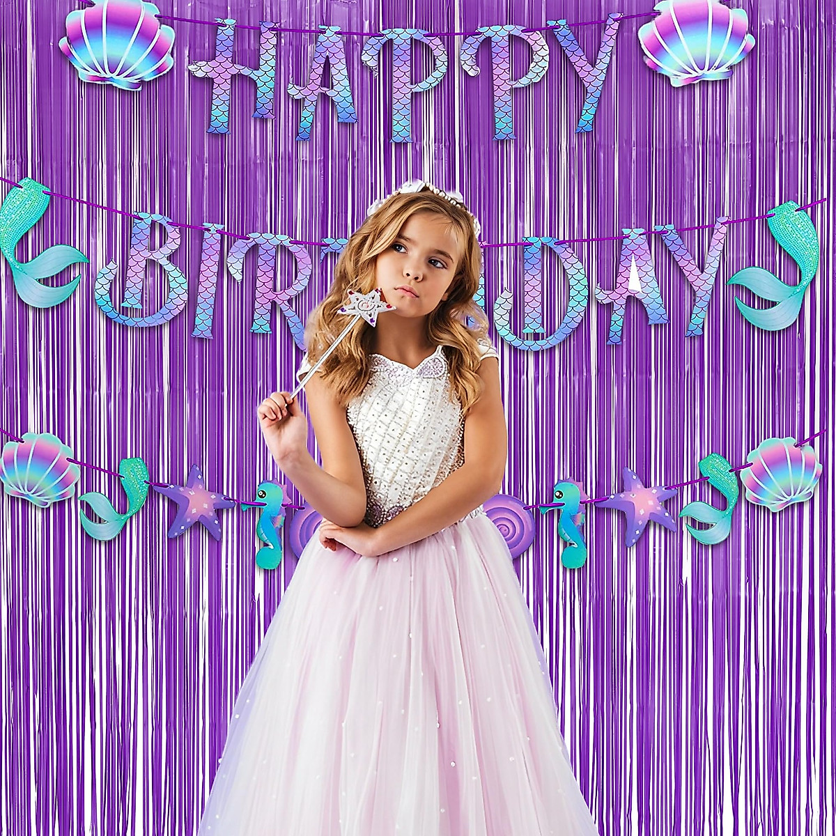 Purple Foil Fringe Party Backdrop - GREATRIL Party Streamers for Mermaid/Butterfly/Wednesdays/Star Birthdays Party Decoration - 3.2ft X 8.2ft - 2 Packs